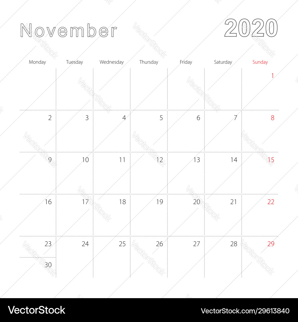 Simple wall calendar for november 2020 Royalty Free Vector