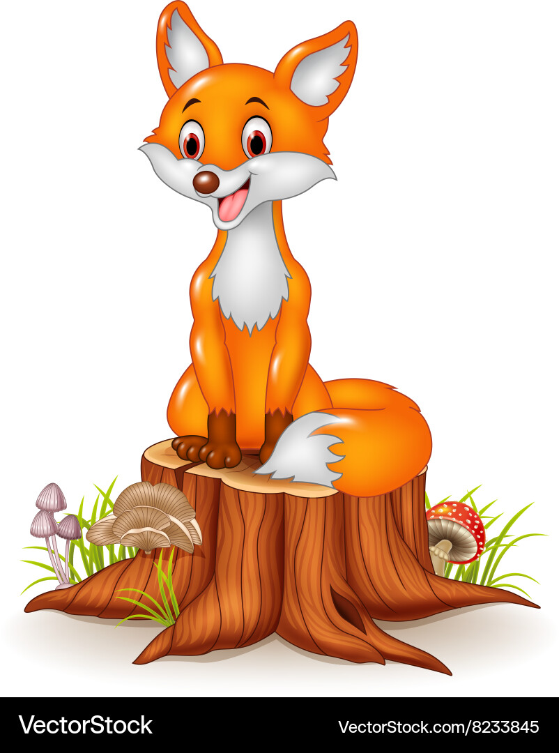 Cartoon happy fox sitting on tree stump Royalty Free Vector