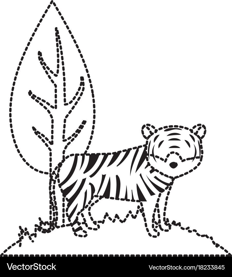 Dotted shape cute tiger wild animal next to tree Vector Image