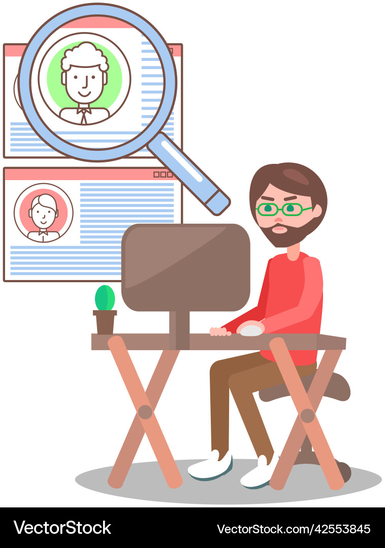 Man looking at user profiles in program Royalty Free Vector