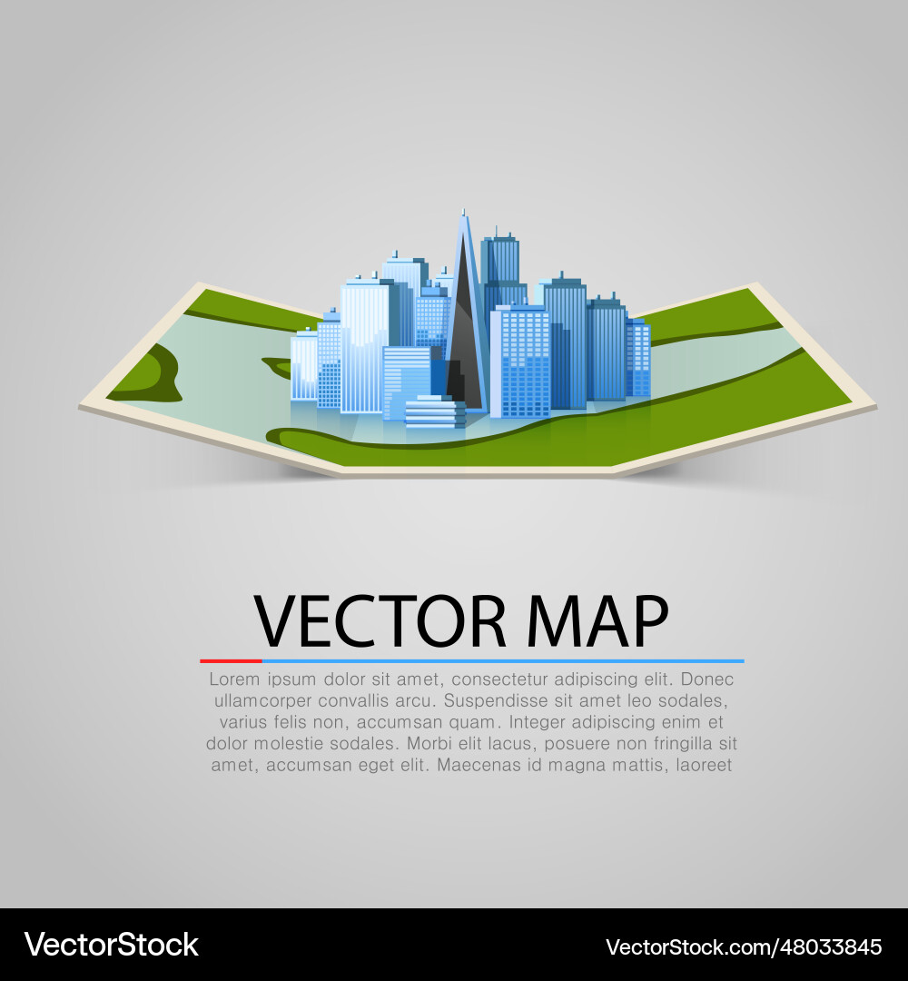 Paper map sign with modern city Royalty Free Vector Image