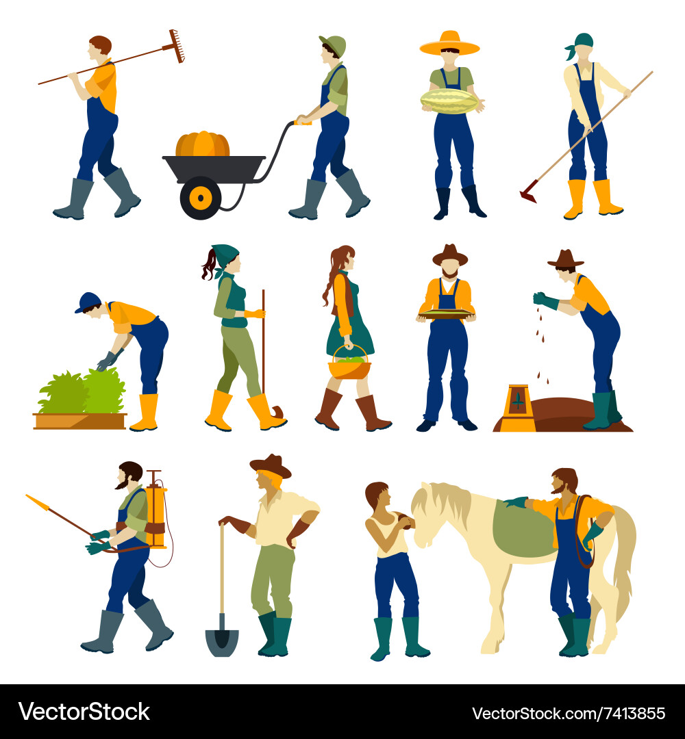 Farmers at work flat icons set Royalty Free Vector Image