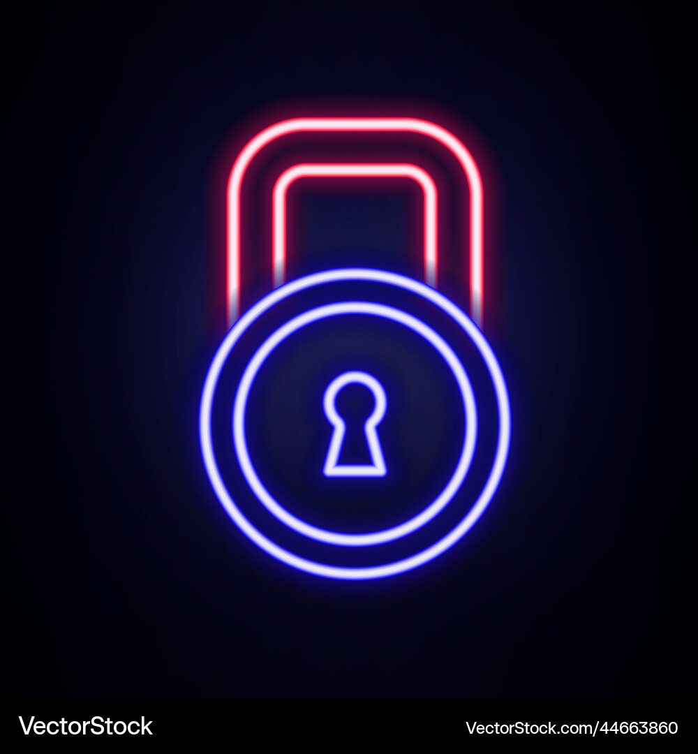Glowing neon line lock icon isolated on brick wall