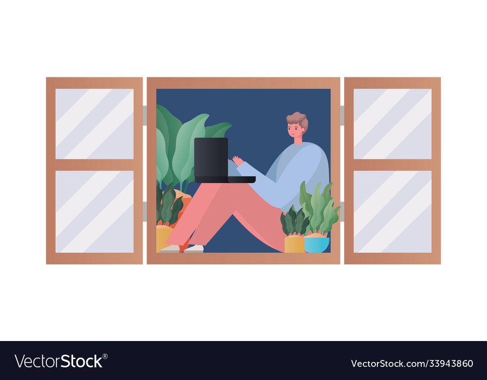 Man with laptop working at window design Vector Image
