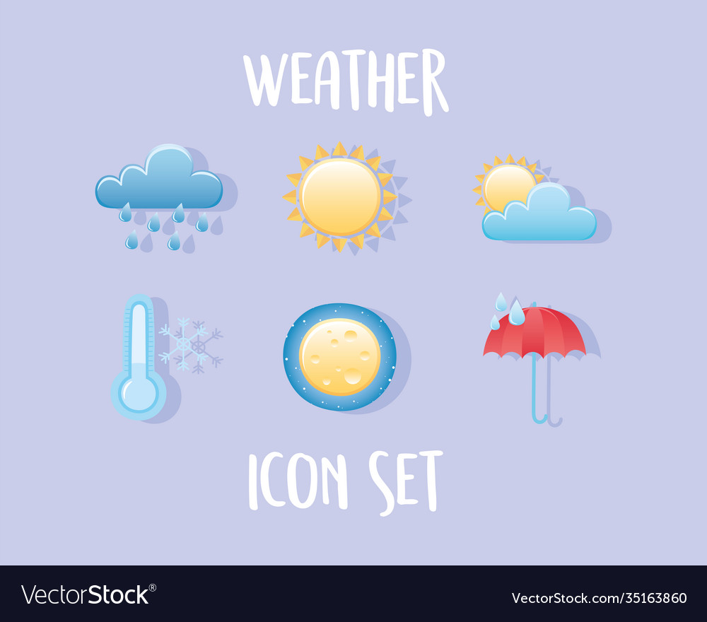 Weather icons set cloud rain sun cold umbrella Vector Image