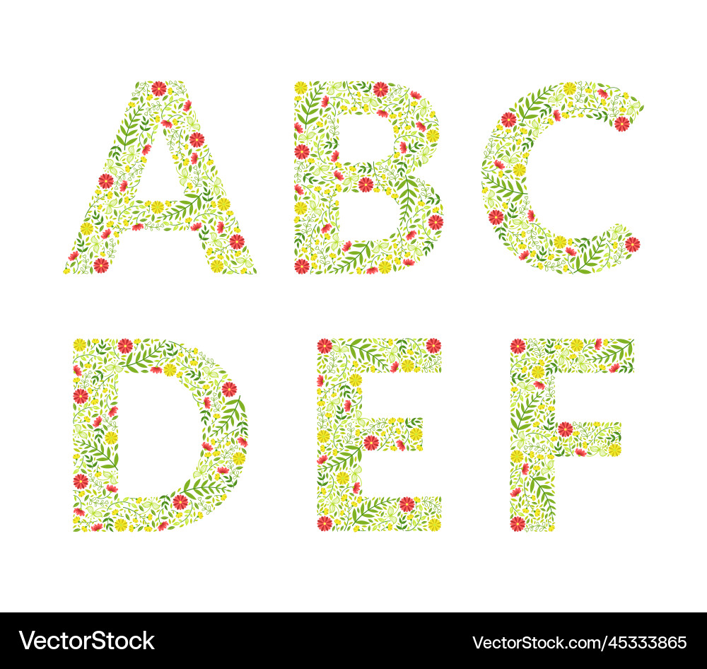Abcdef floral alphabet letters capital Royalty Free Vector