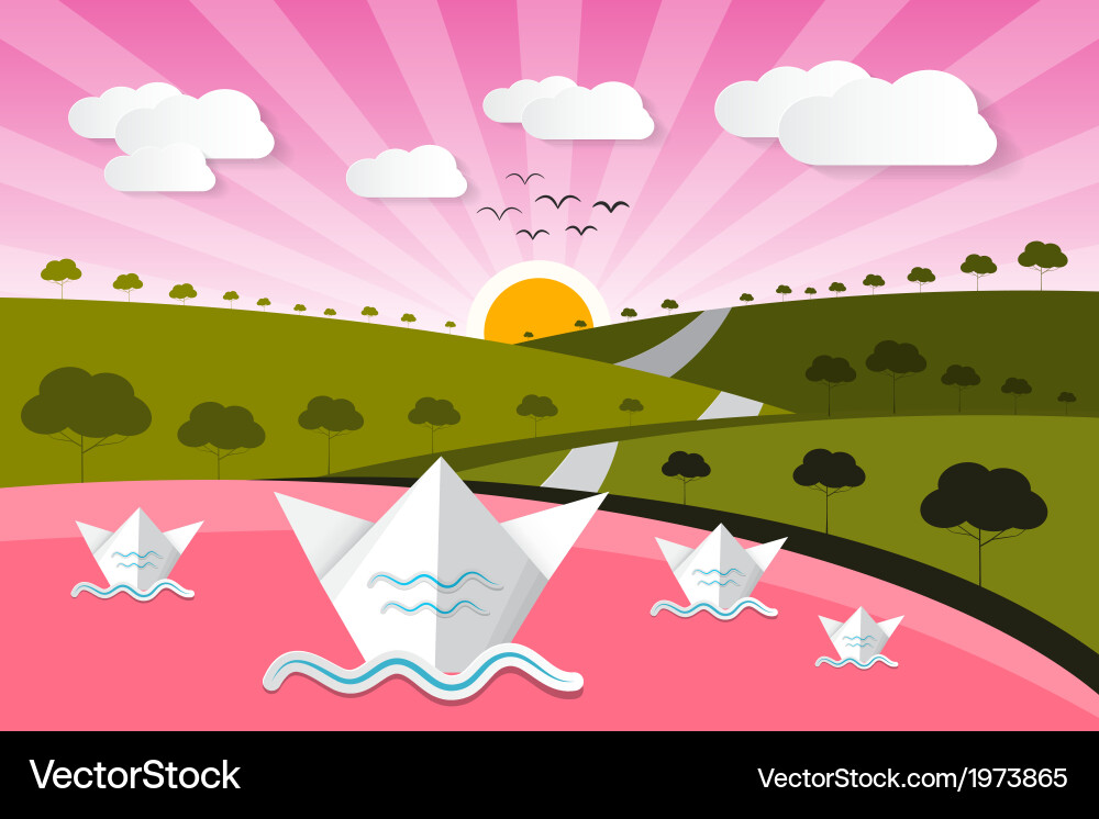 Paper nature background with lake trees clouds Vector Image
