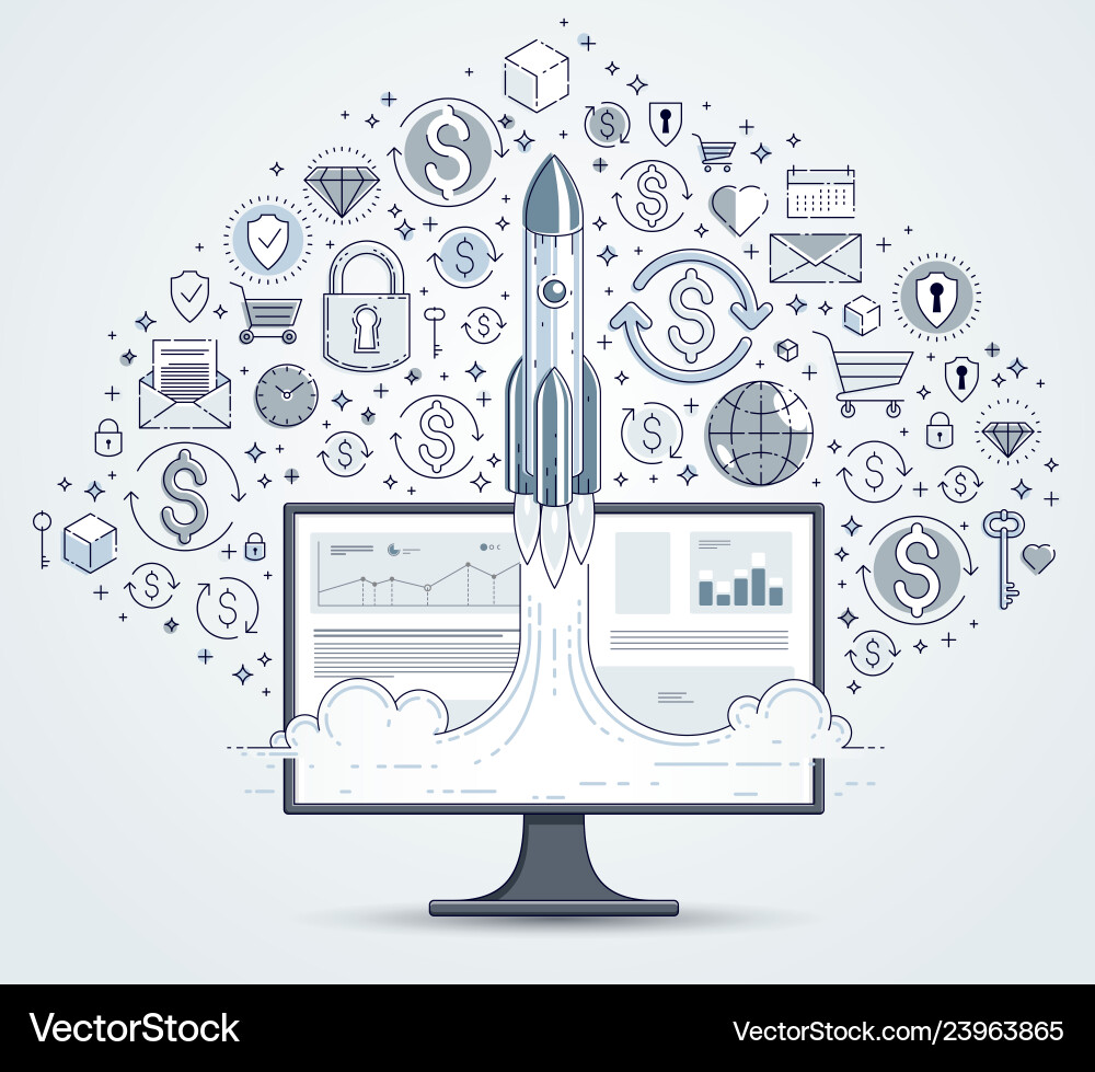 Startup rocket take off over computer monitor Vector Image