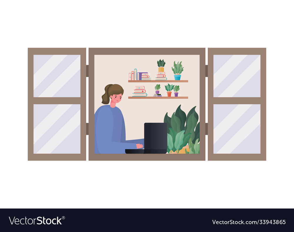 Woman with laptop working at window design Vector Image