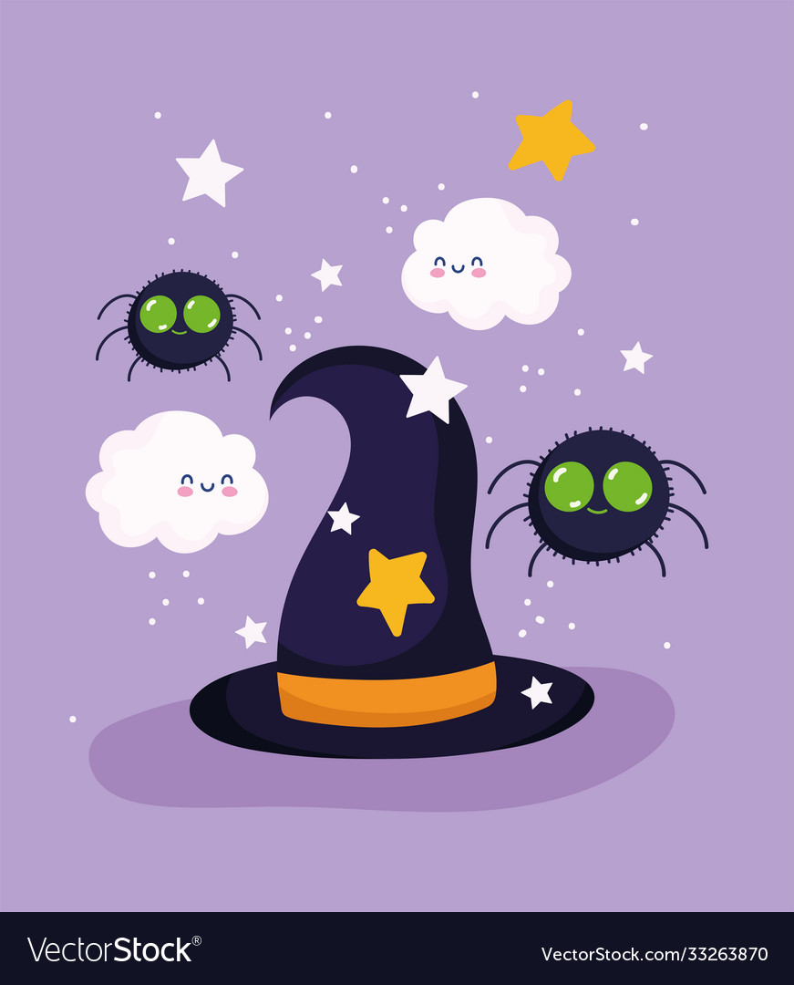 Happy halloween witch hat spider clouds stars Vector Image