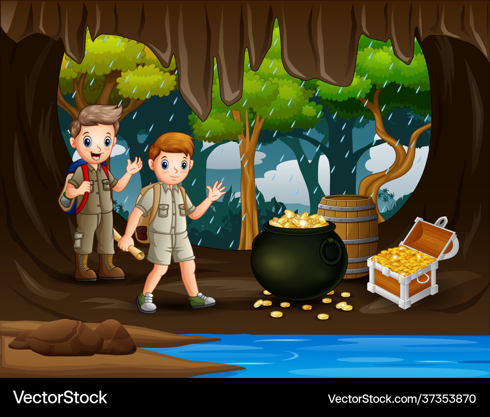 Two scout boys in treasure cave Royalty Free Vector Image