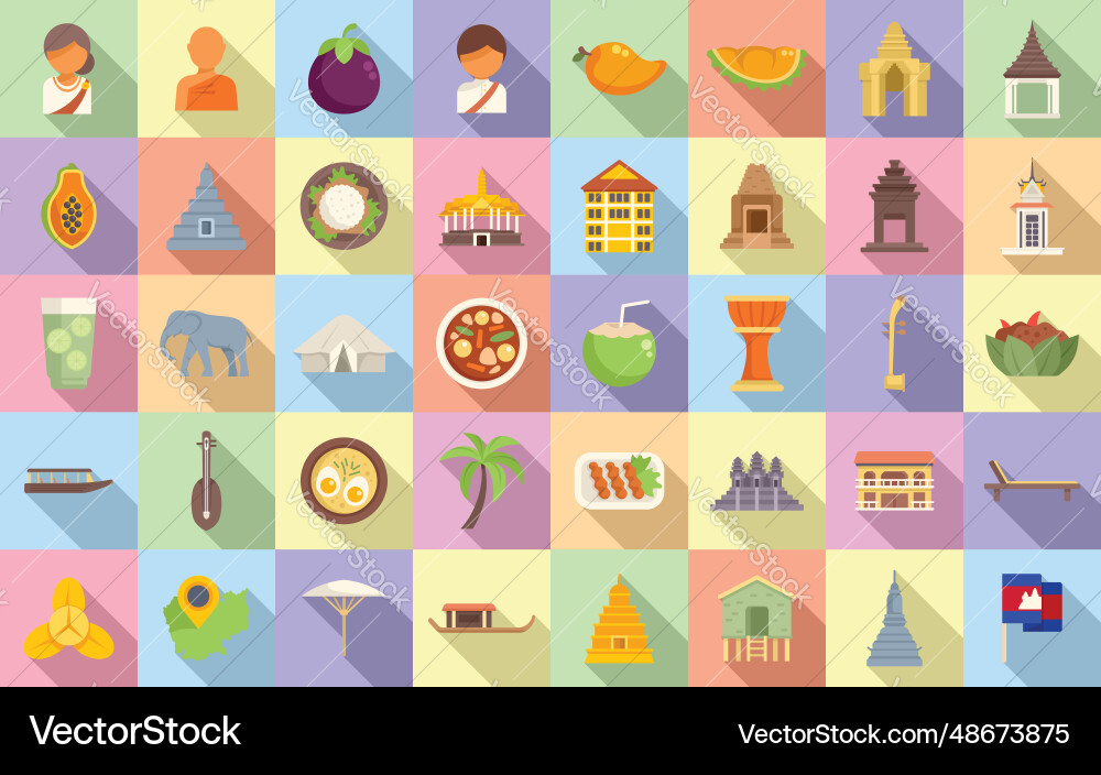 Cambodia icons set flat asia map Royalty Free Vector Image
