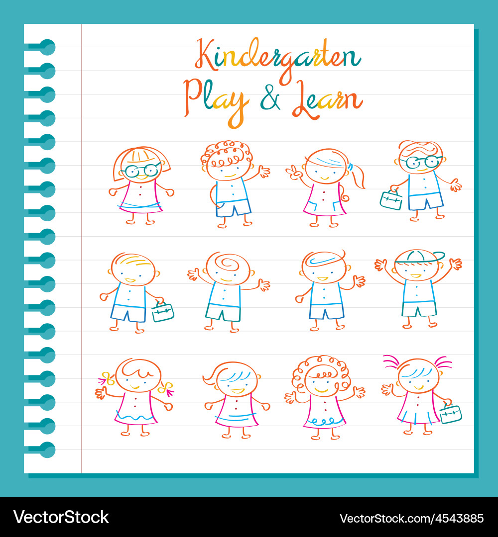 Kindergarten Line Drawing Kids Characters Set Vector Image