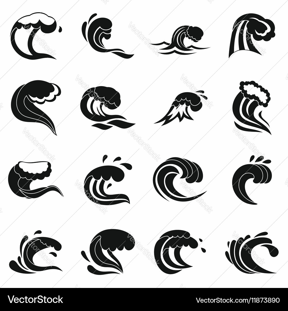 Sea waves icons set simple style Royalty Free Vector Image