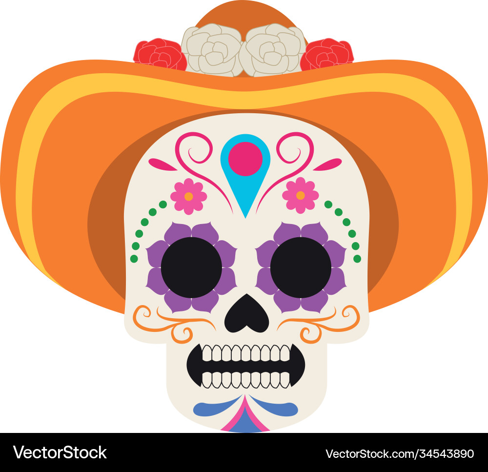 Traditional mexican skull head with maricahi hat Vector Image