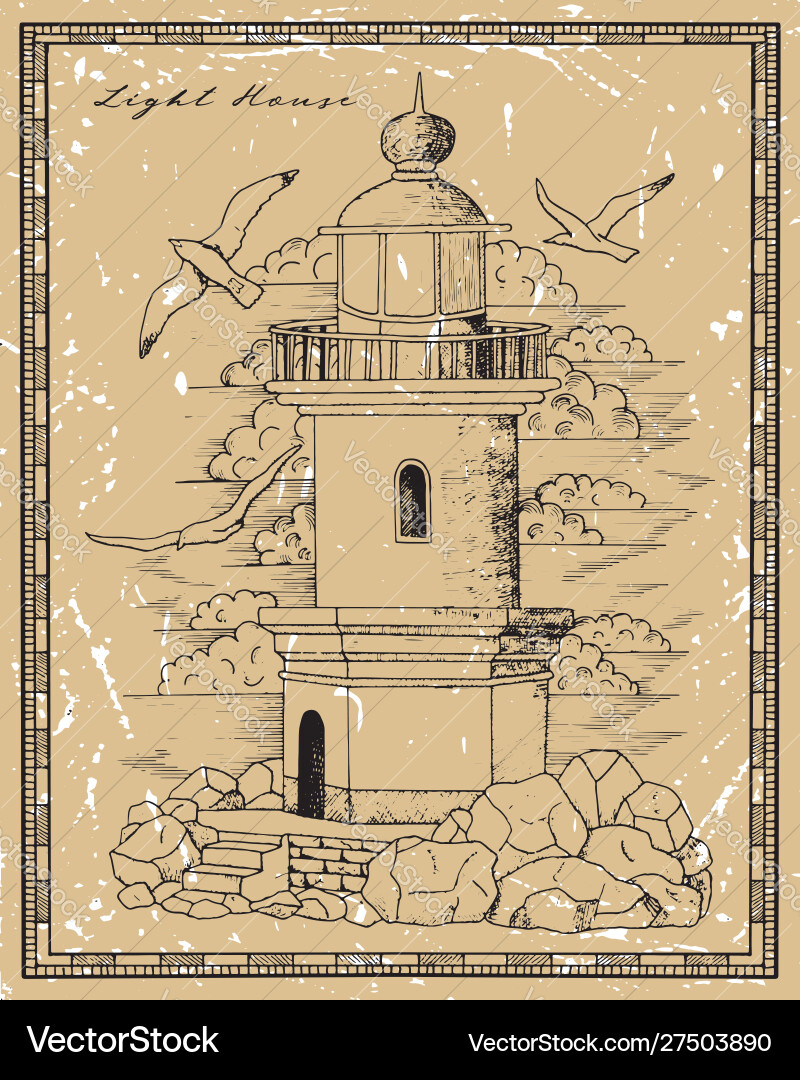 Vintage lighthouse tower with gulls Royalty Free Vector