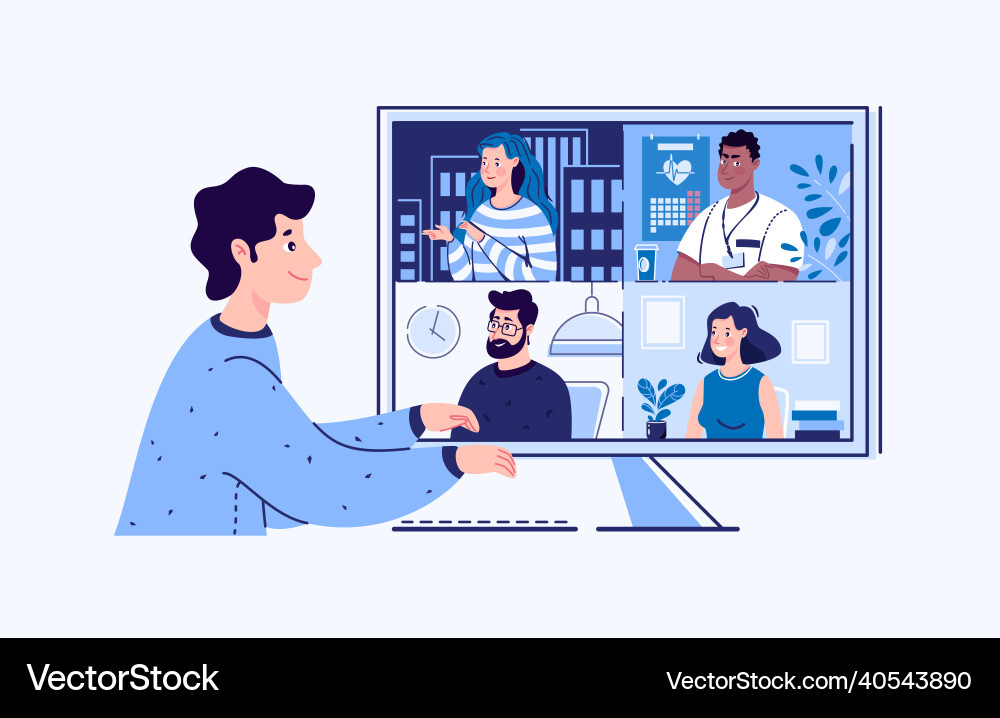 Workplace laptop screen group of people talking Vector Image
