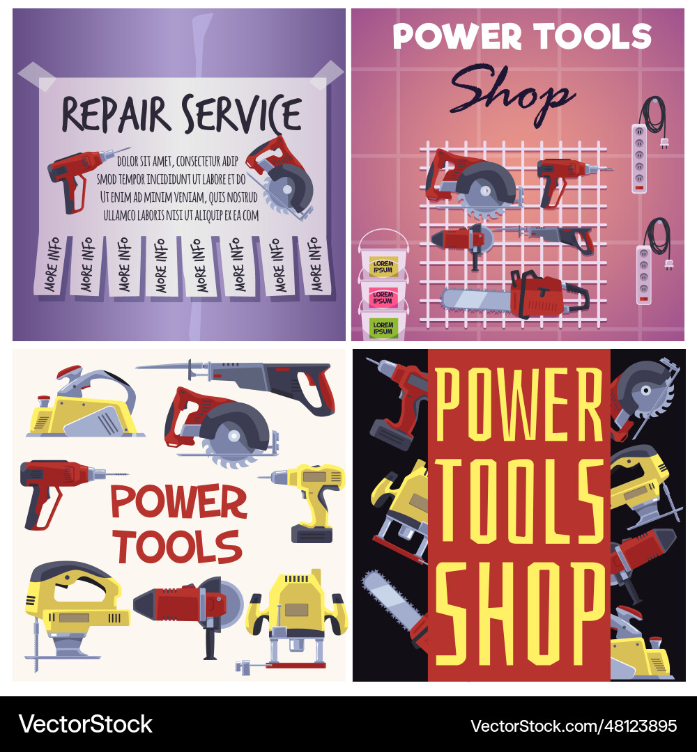 Set of squared banners about power tools shop Vector Image
