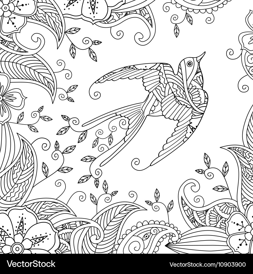 Coloring page with beautiful flying bird Vector Image