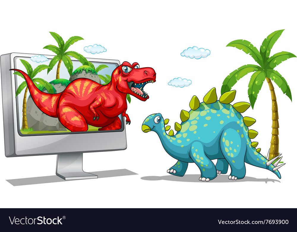 Computer screen with two dinosaurs Royalty Free Vector Image