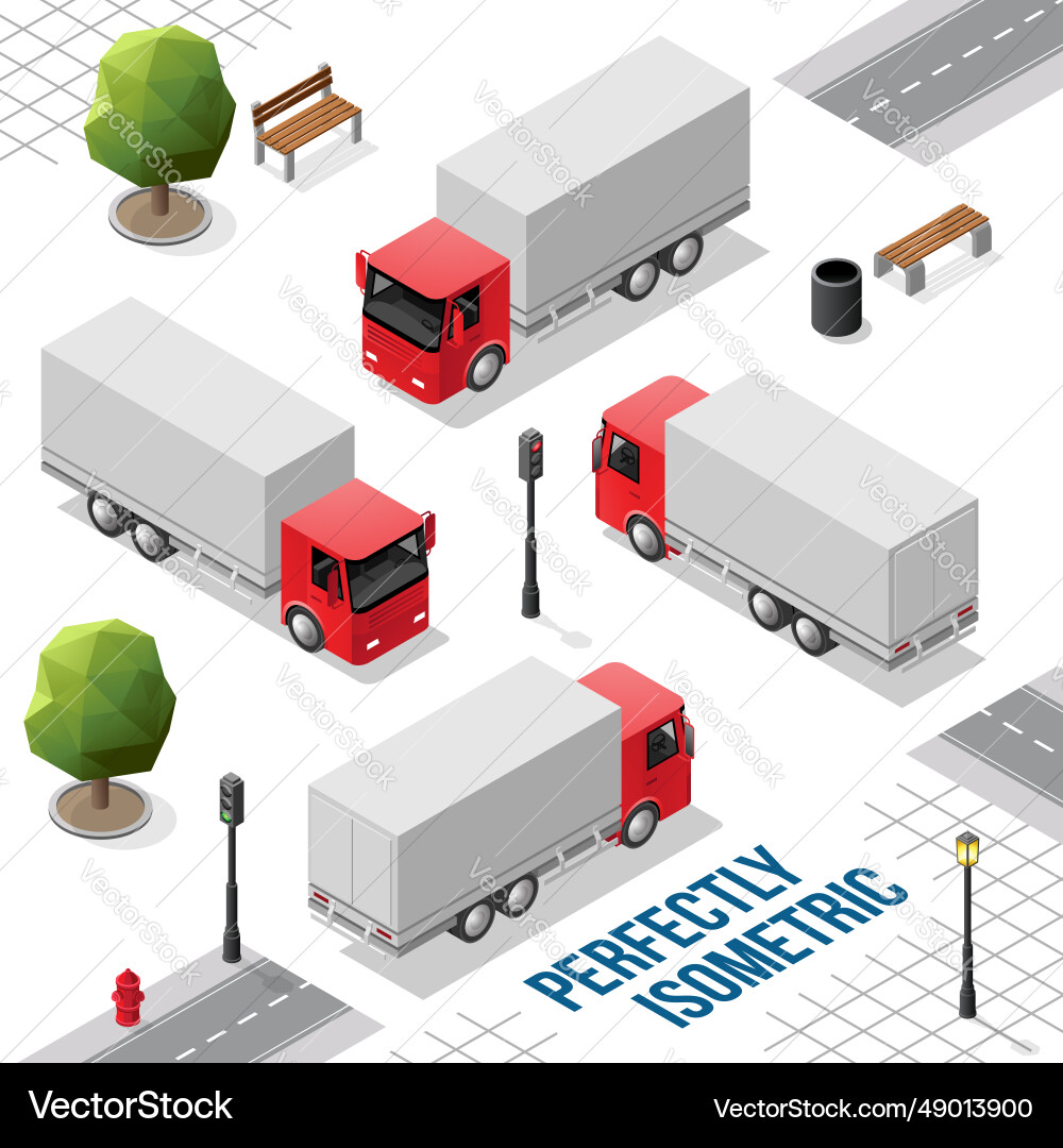 Red isometric big truck from the front back right Vector Image