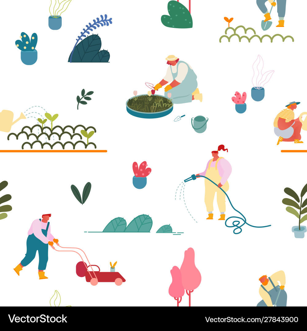 Seamless pattern with gardening people planting Vector Image