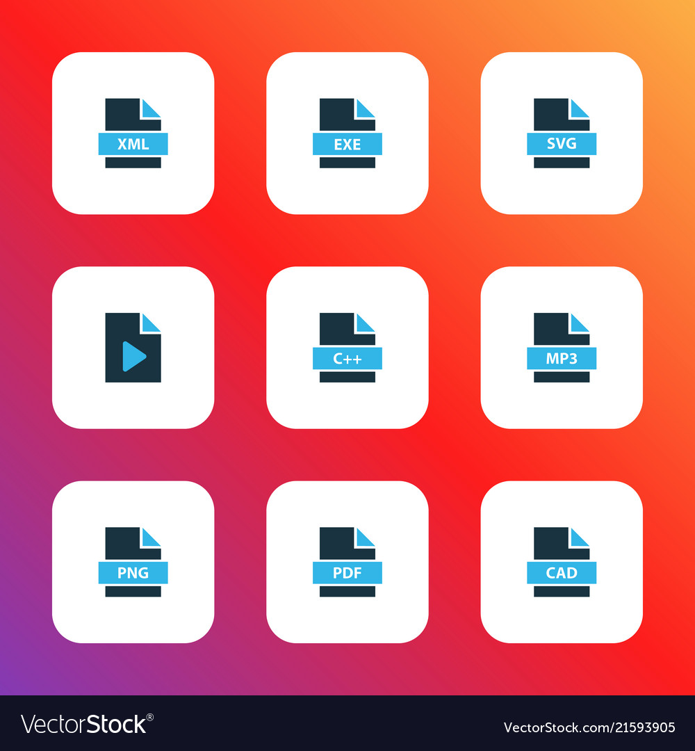 Types Icons Colored Set With File Cad File Xml Vector Image