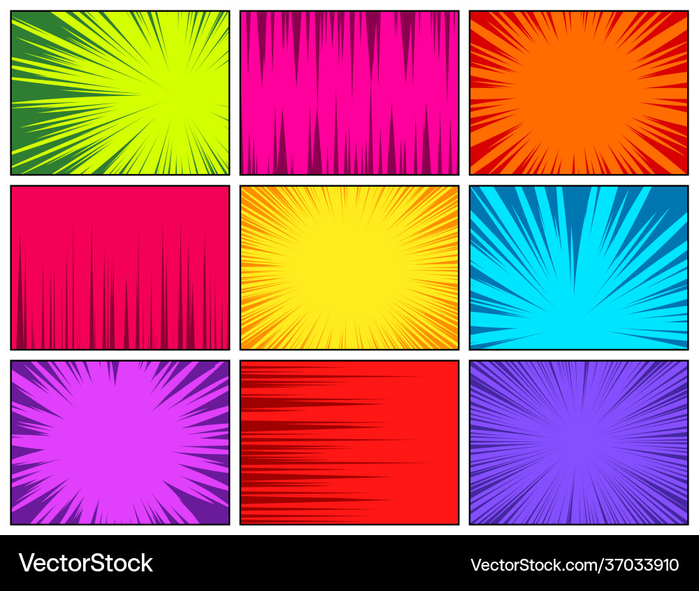 Comic book colorful radial lines collection Vector Image