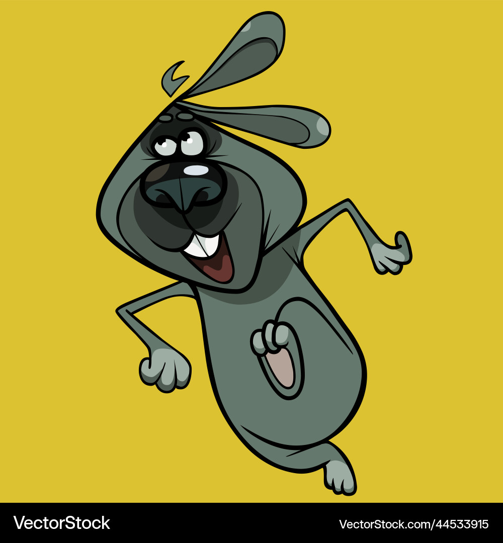 Cartoon gray rabbit joyfully runs looking up Vector Image