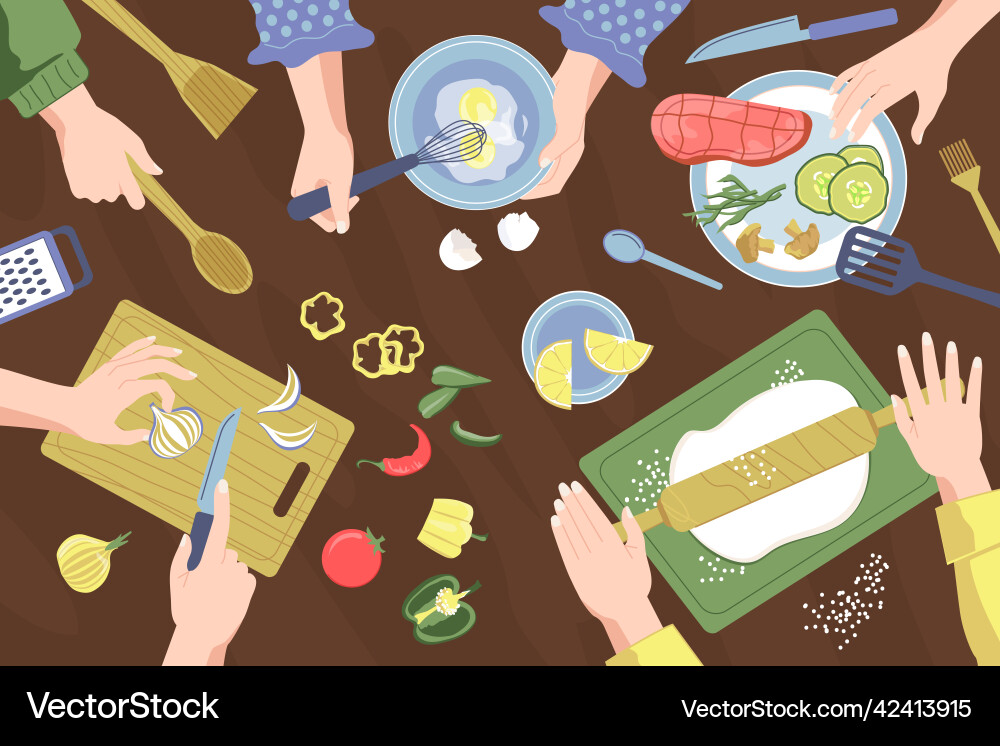 Hands cooking top cook class poster with top view Vector Image