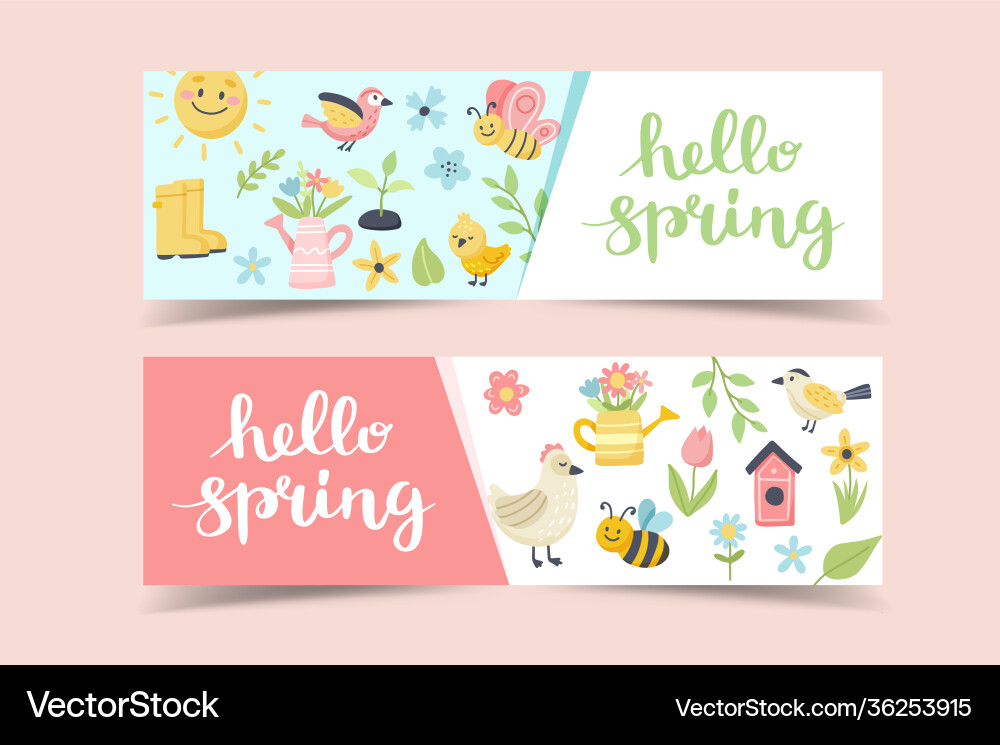 Hello spring banners with lettering and cute birds