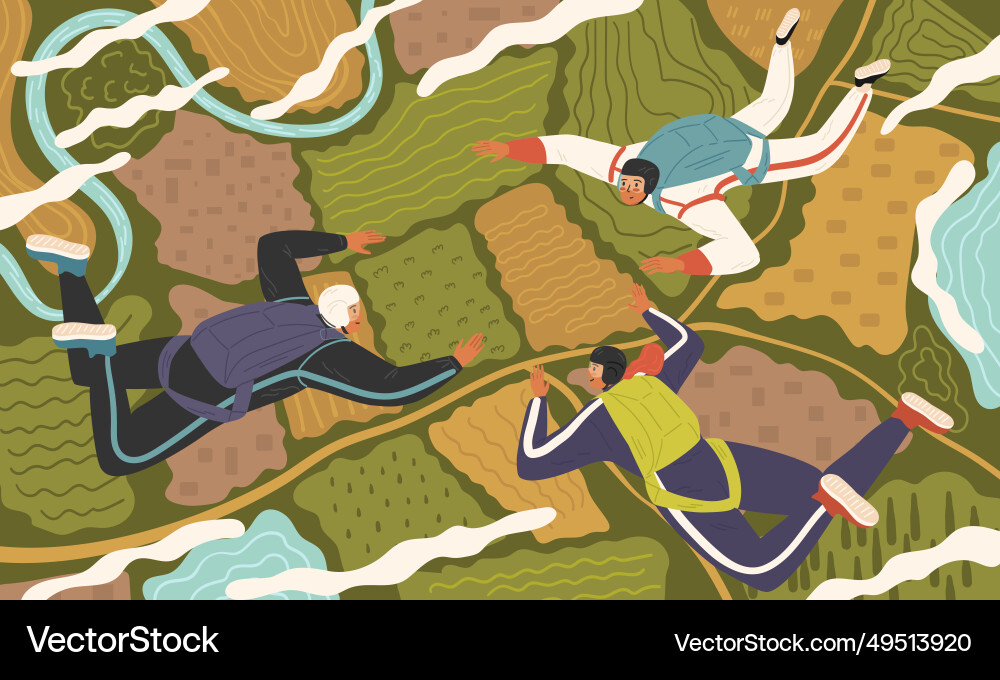 Group parachute flight scene with people skydiving