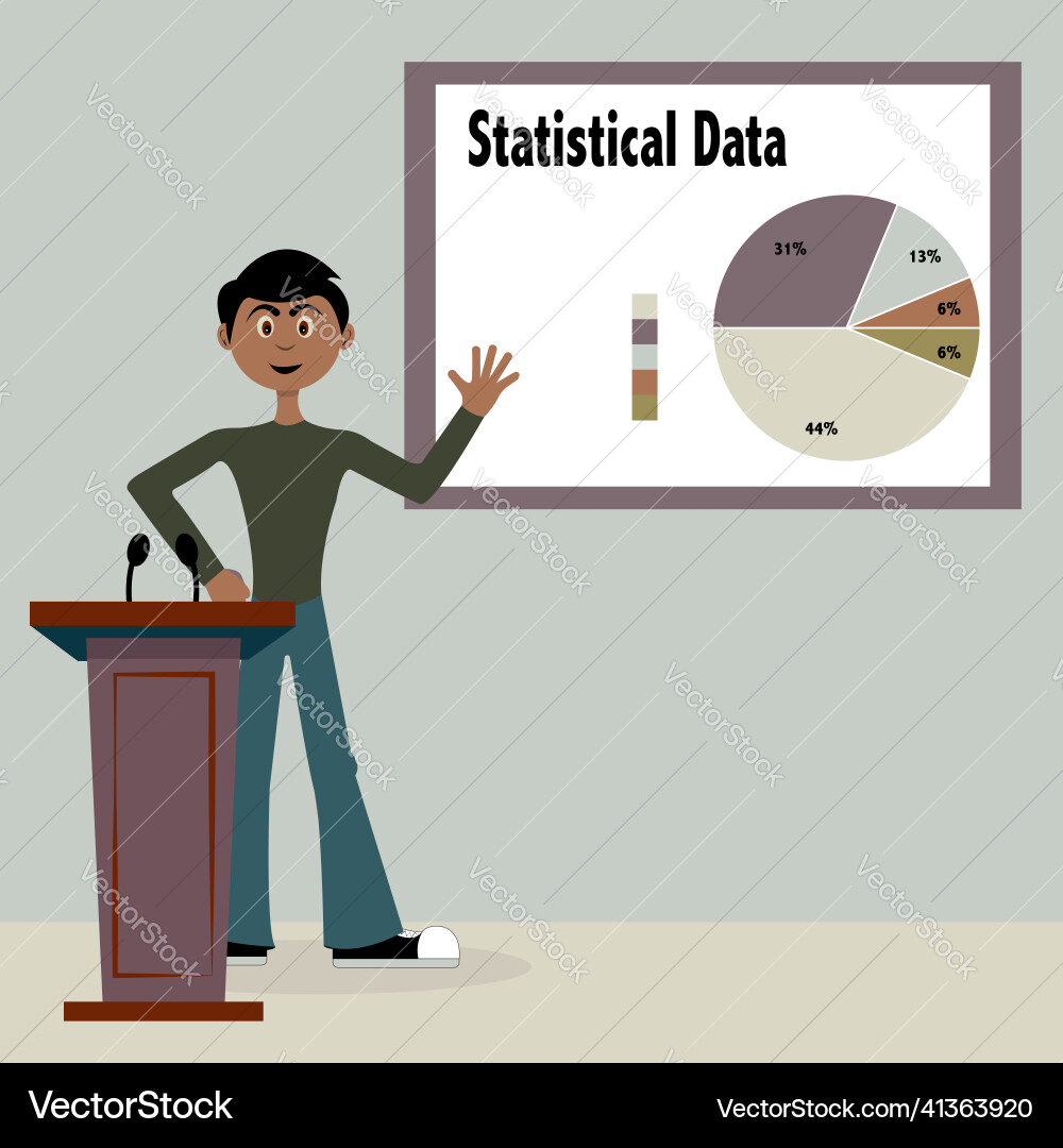 Indian male giving presentation on statistics Vector Image