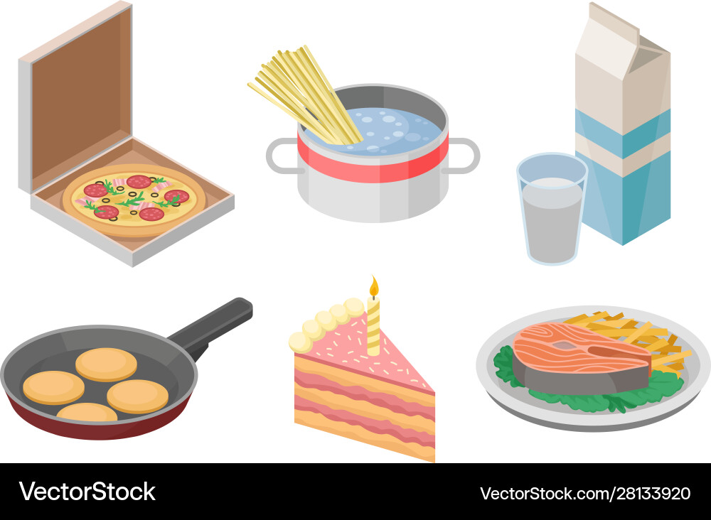 Isometric food items isolated on white background Vector Image