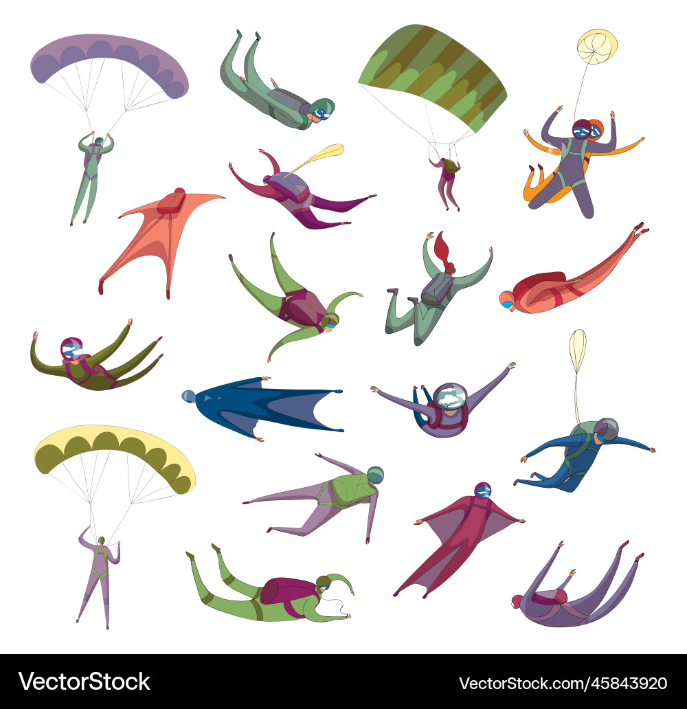 People skydiving and parachuting in sky set Vector Image