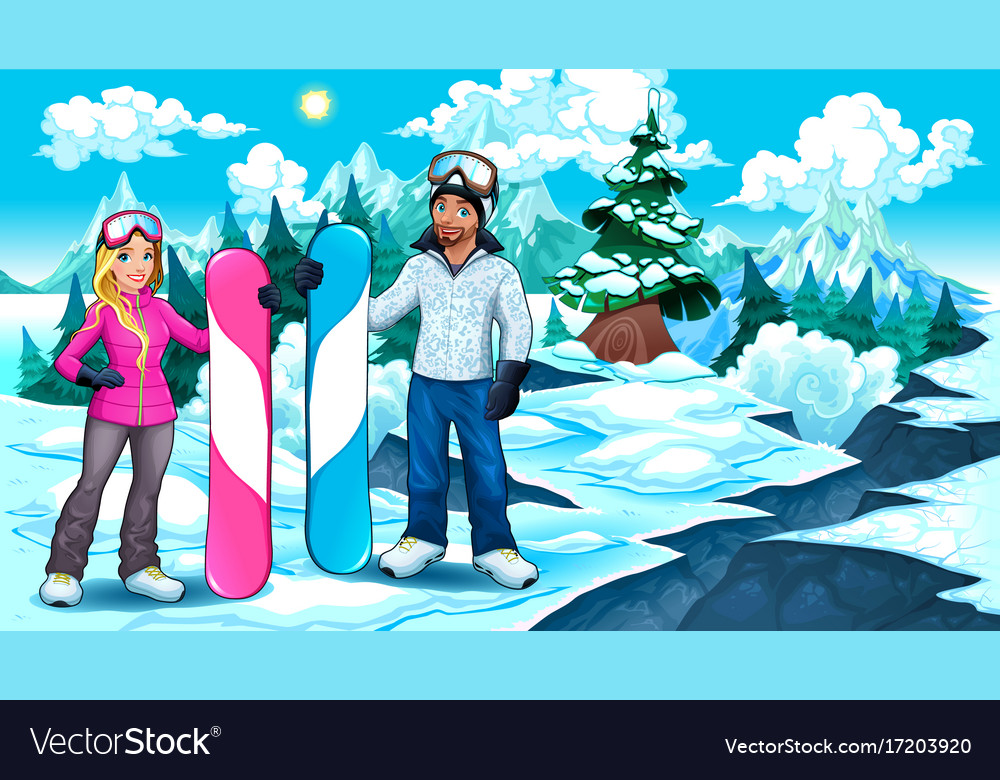 Snowboarders boy and girl on the mountain Vector Image