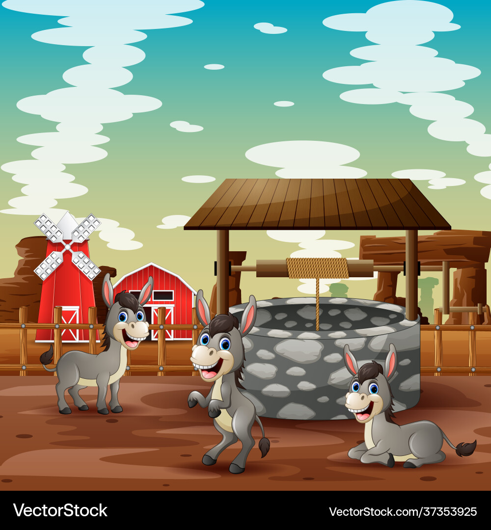 Cartoon three donkeys playing a well on fa Vector Image
