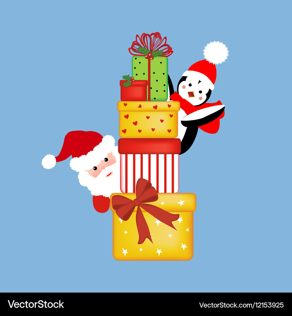 Santa and penguin with presents Royalty Free Vector Image