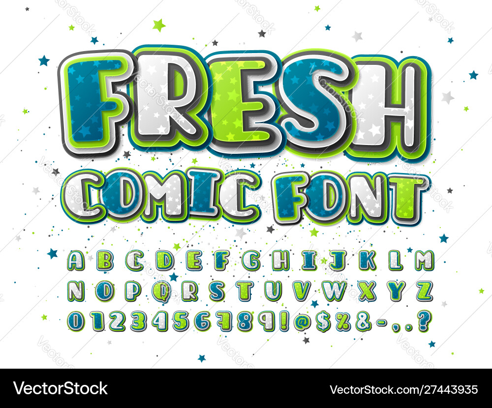 Comic font cartoon green-blue alphabet Royalty Free Vector