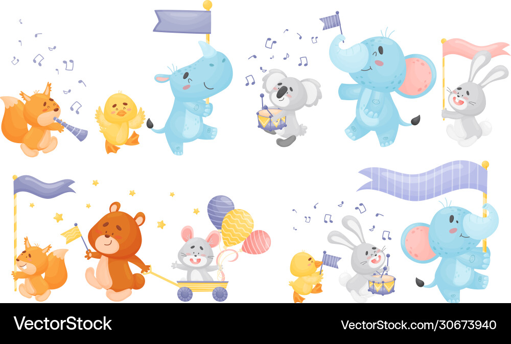 Animals holding flags and playing trumpet drum Vector Image
