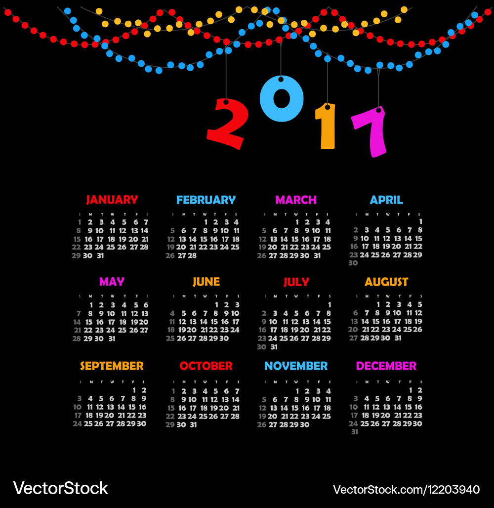 Calendar 2017 year week starts sunday Royalty Free Vector