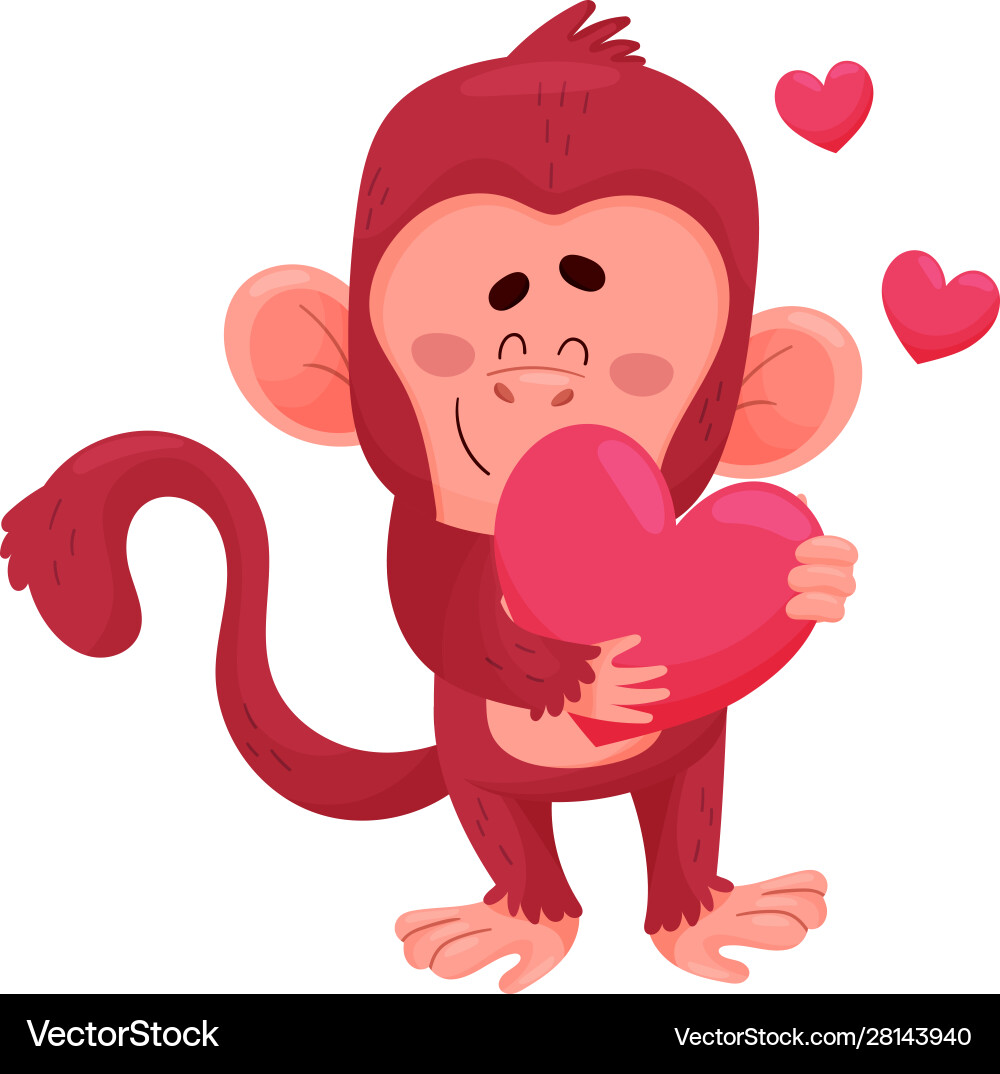 Funny little red monkey embracing big heart Vector Image
