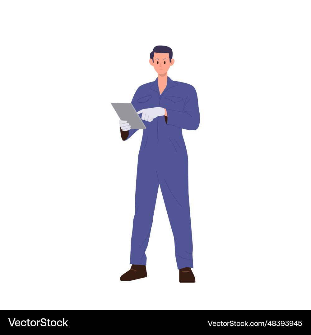 Auto mechanic cartoon character holding mobile Vector Image