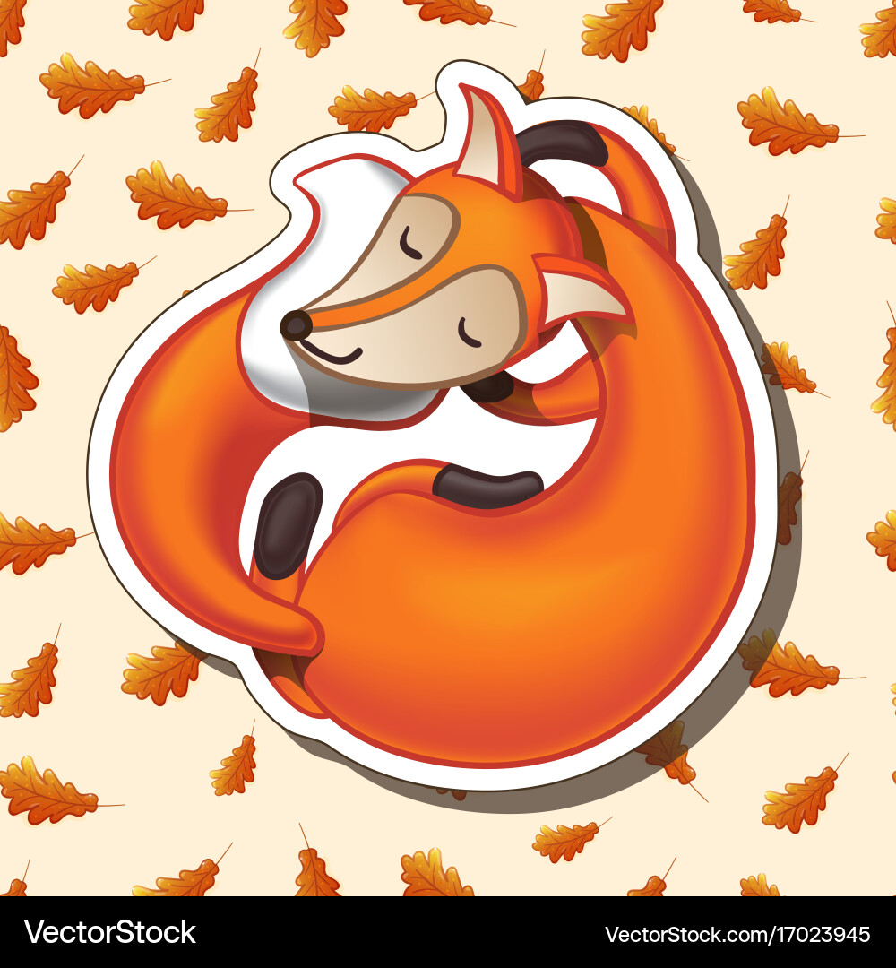 Cute cartoon sleeping fox on oak leaves Royalty Free Vector