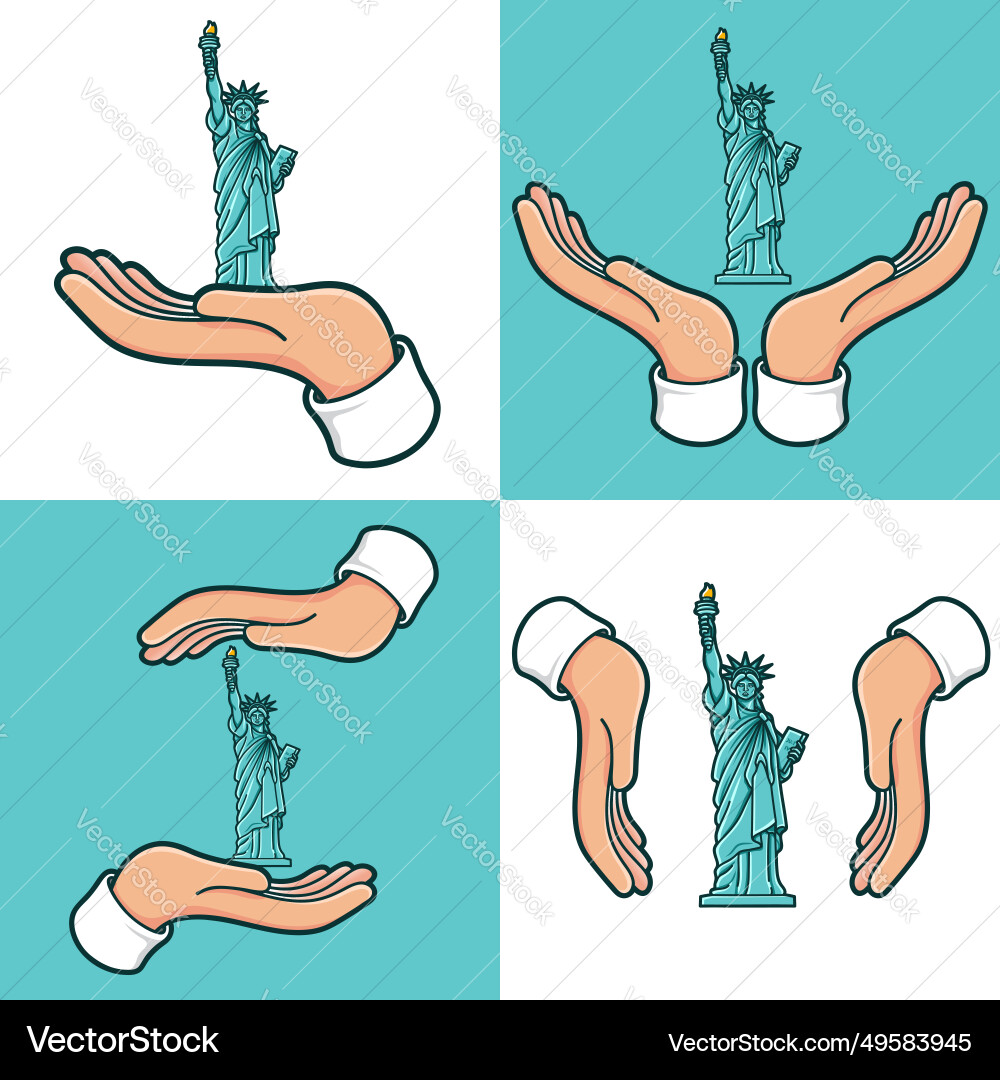 Hands with statue of liberty set Royalty Free Vector Image