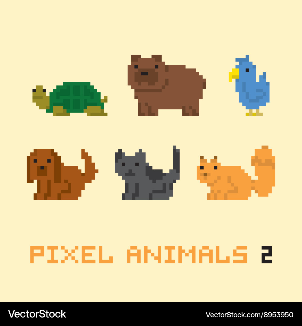 Pixel art style animals cartoon set 2 Royalty Free Vector