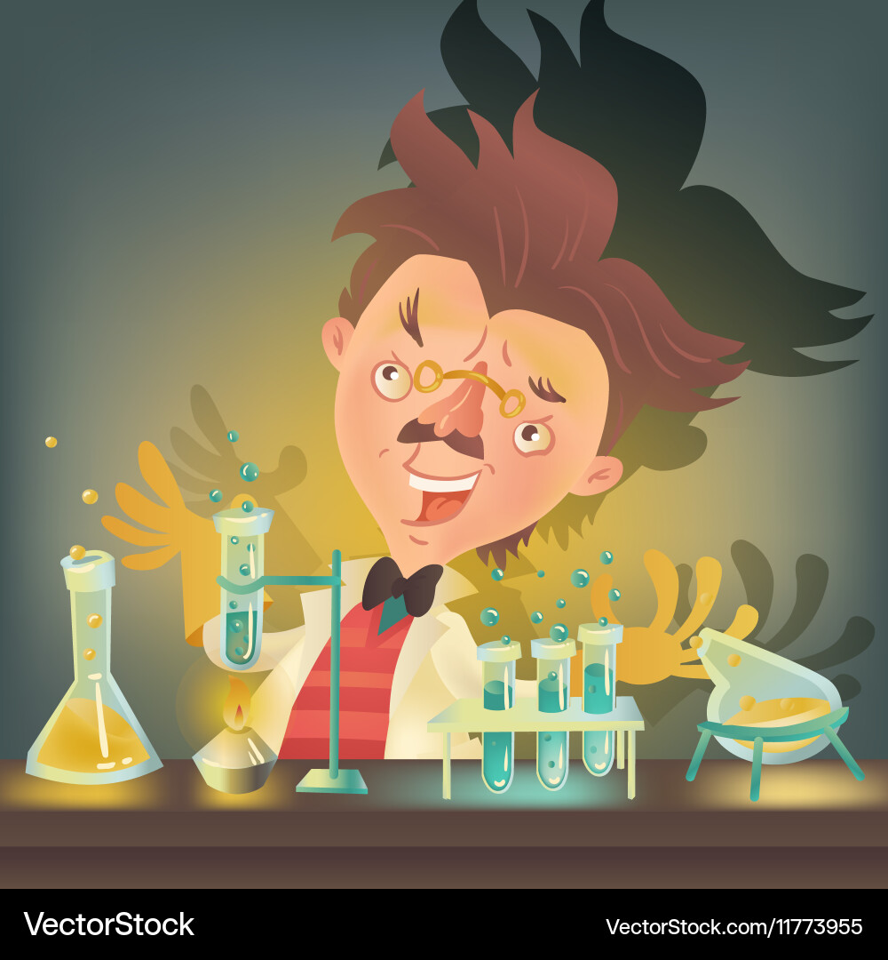 Bushy haired mad professor in lab coat Royalty Free Vector
