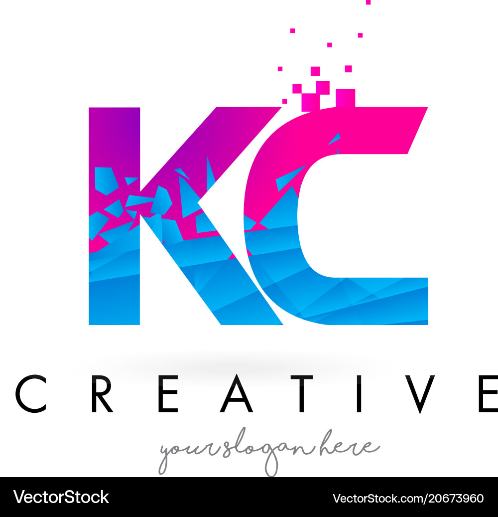Kc k c letter logo with shattered broken blue Vector Image