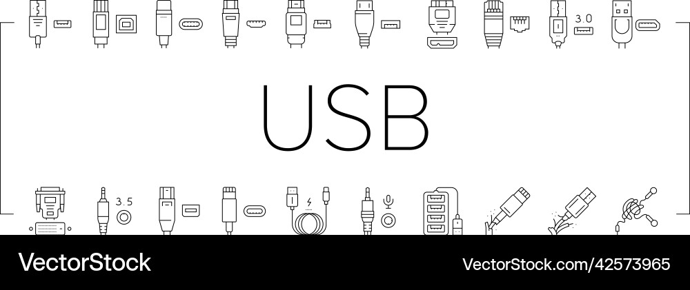 Usb cable and port purchases icons set Royalty Free Vector