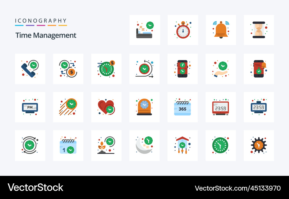 25 time management flat color icon pack icons Vector Image